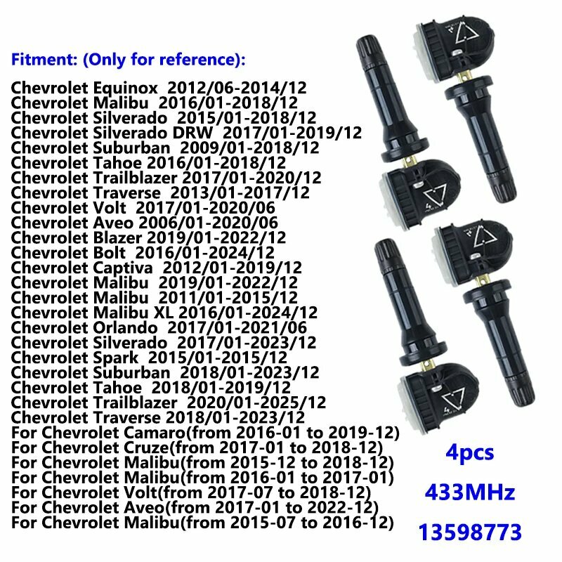 Датчик давления в шинах TPMS 433 МГц для Chevrolet Cruze Malibu Silverado Equinox Impala Tahoe 4pcs