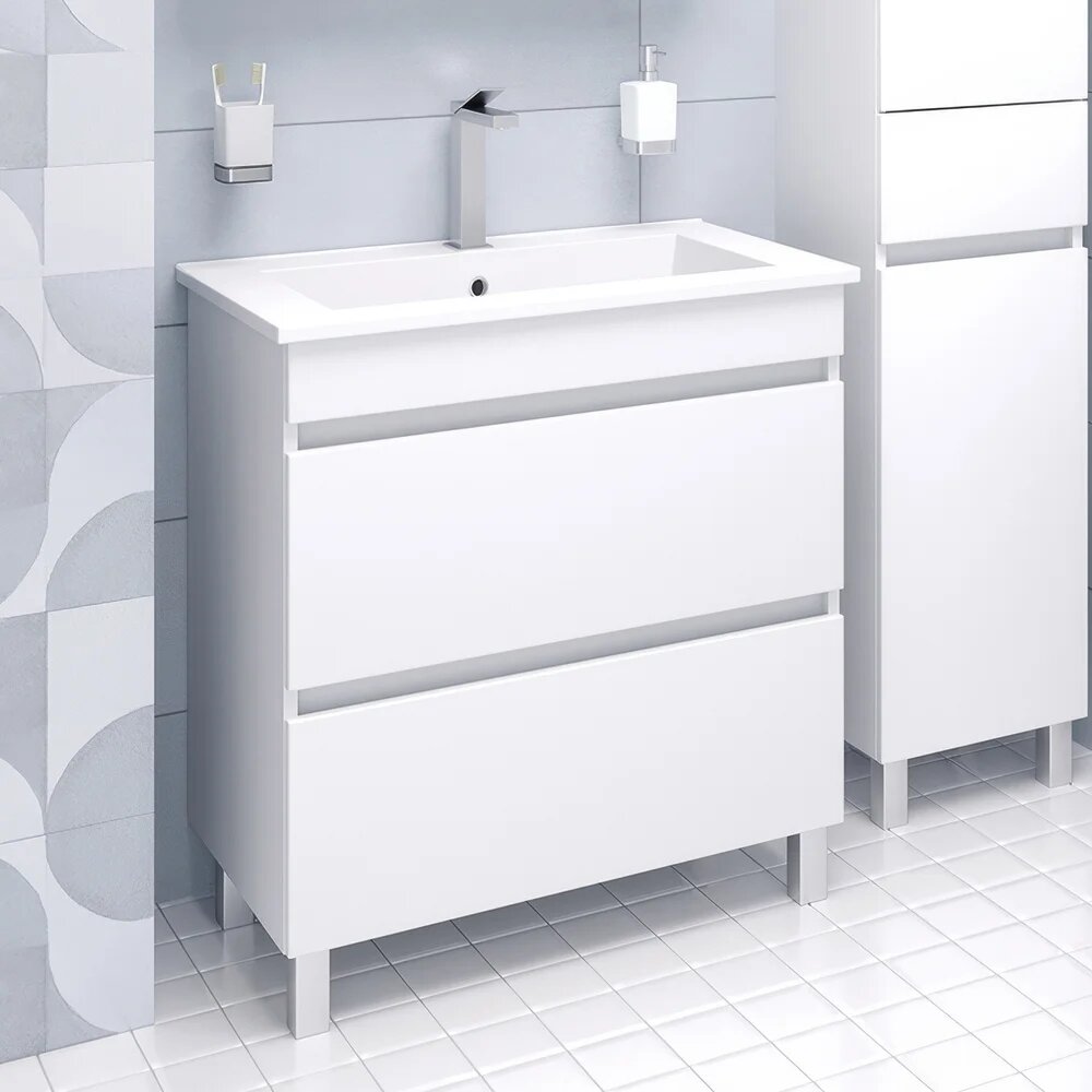 Тумба с раковиной Emmy Джерси 65 напольная, 66 см, белая, глянцевая, из МДФ, с ящиками, раковина для ванной, фаянсовая, прямоугольная, встроенный слив-перелив