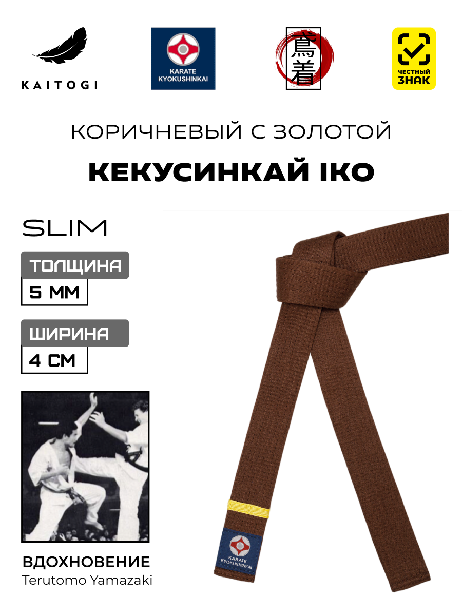 Пояс для кимоно для Кекусинкай IKO коричневый с золотой