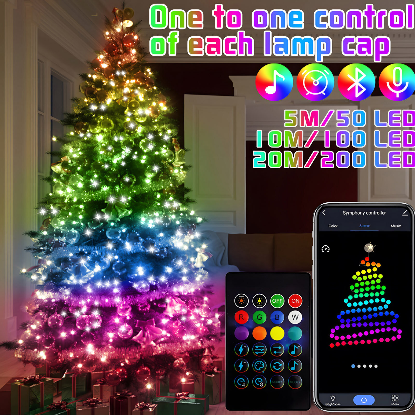 Гирлянда светодиодная для ёлки RGB с умным управлением по Bluetooth USB, внешняя, с приложением и пультом, 5M 50LED/10M 100LED/20M 200LED, IP65, 5V 2A, 24-клавишный инфракрасный пульт