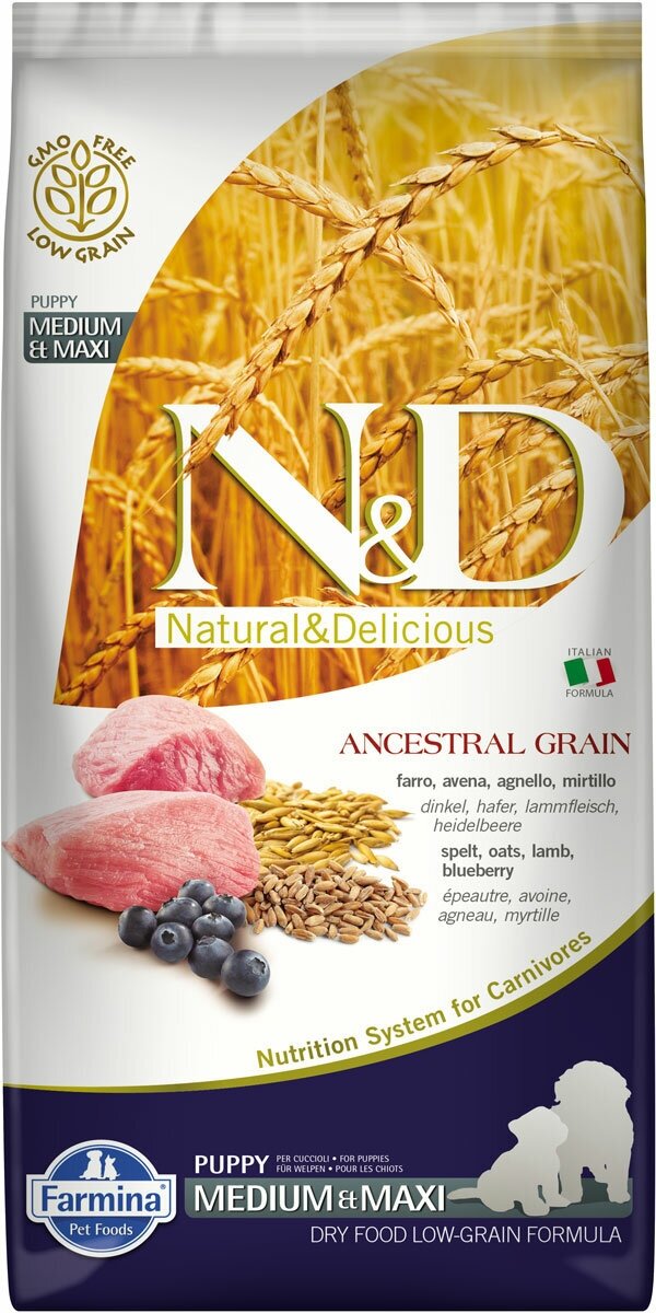 FARMINA DOG N&D ANCESTRAL GRAIN PUPPY MEDIUM & MAXI LAMB & BLUEBERRY низкозерновой для щенков средних и крупных пород с ягненком и черникой (12 кг)