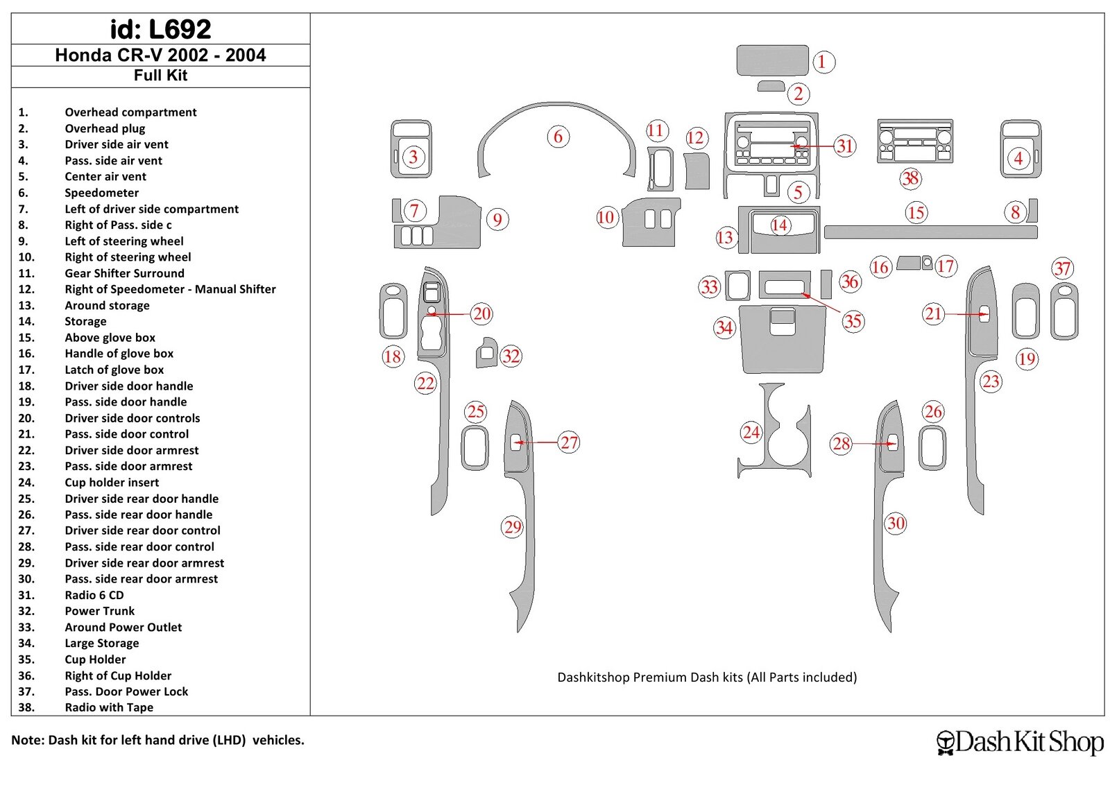 Накладки салона под дерево, карбон, алюминий для Honda CR-V 2002-2004. Комплект L692.