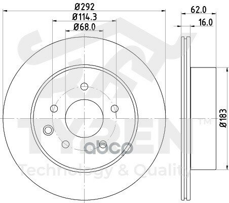 Диск тормозной Nissan Qashqai I 07>, Juke I 10>, X-Trail I, II 01>; Renault Koleos I 08> TYREN арт. TYR1011601