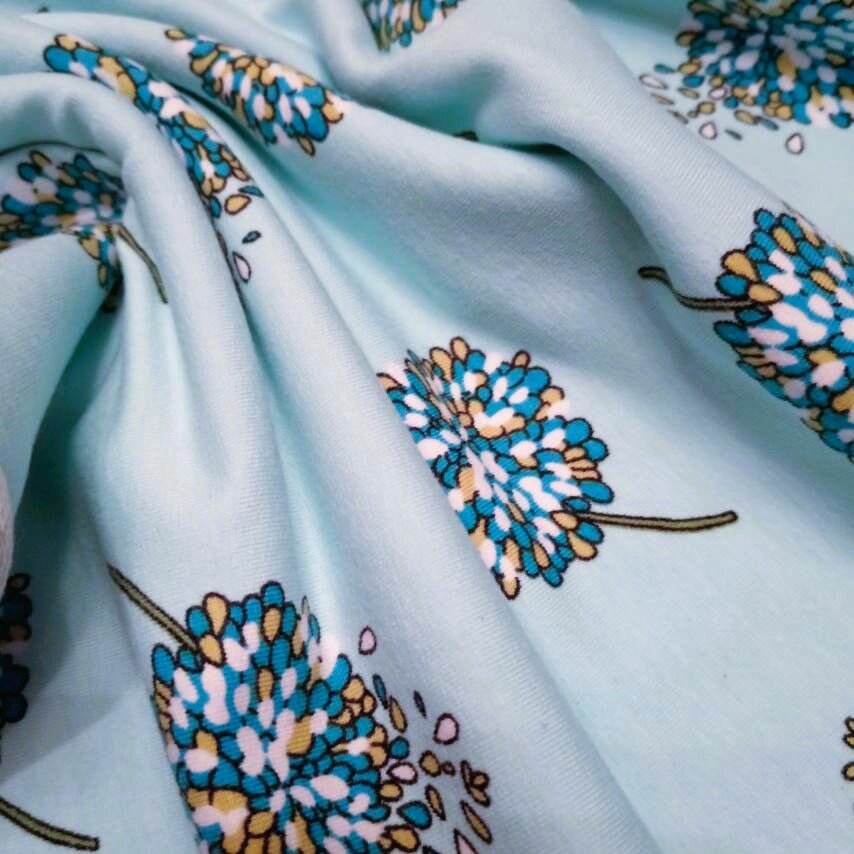 Футер 2х нитка с лайкрой "гортензии на голубом" 180см, высота 80см