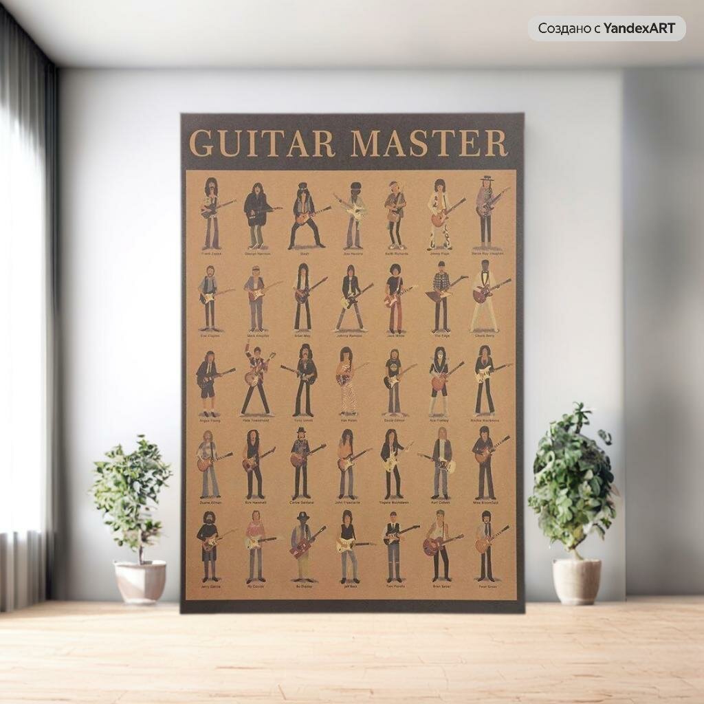 Постер "Винтажный плакат с гитаристами" Изображение популярных мировых вокалистов/исполнителей на гитаре, 51*35см