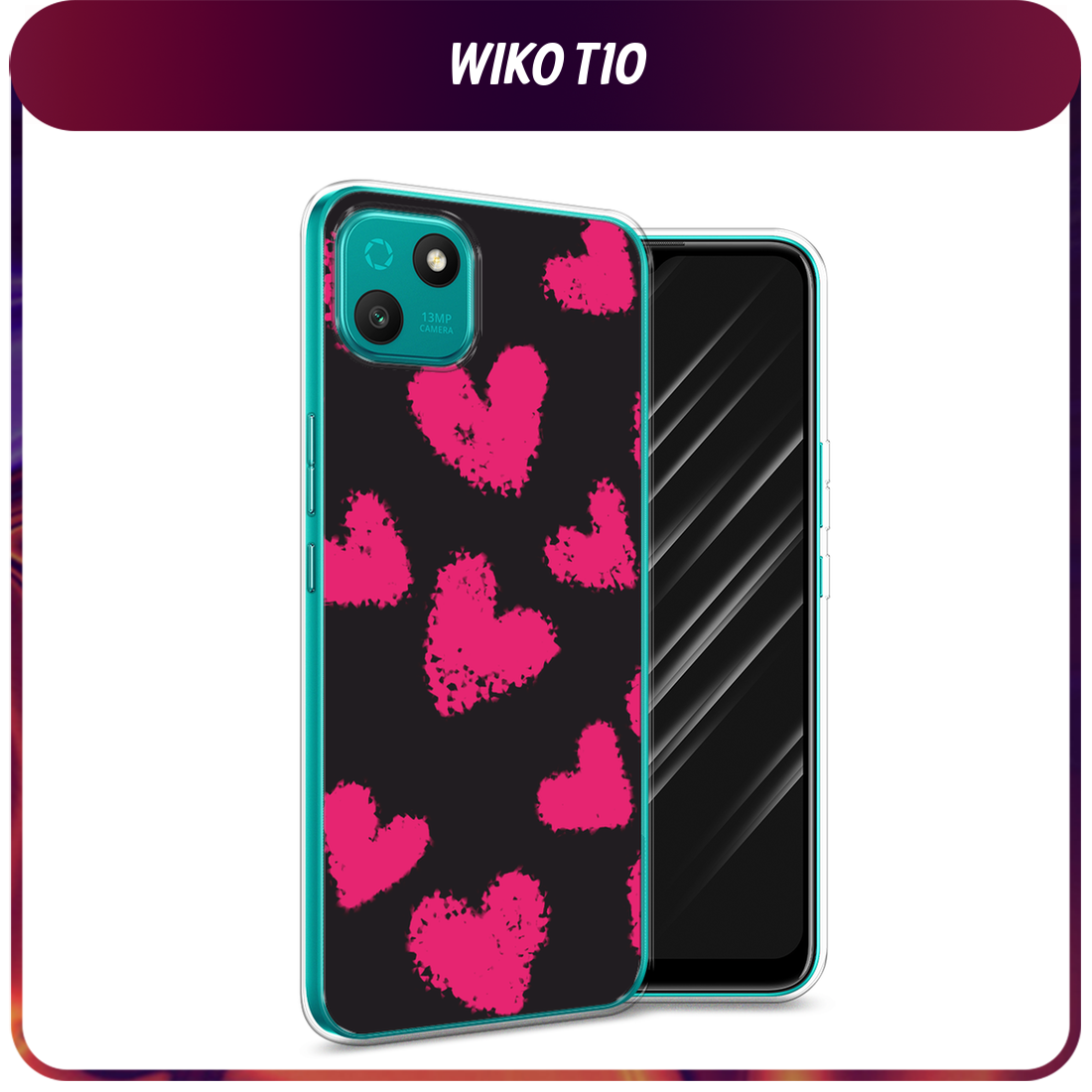 Чехол на Wiko T10 / Вико Т10 с принтом Малиновые сердечки на чёрном