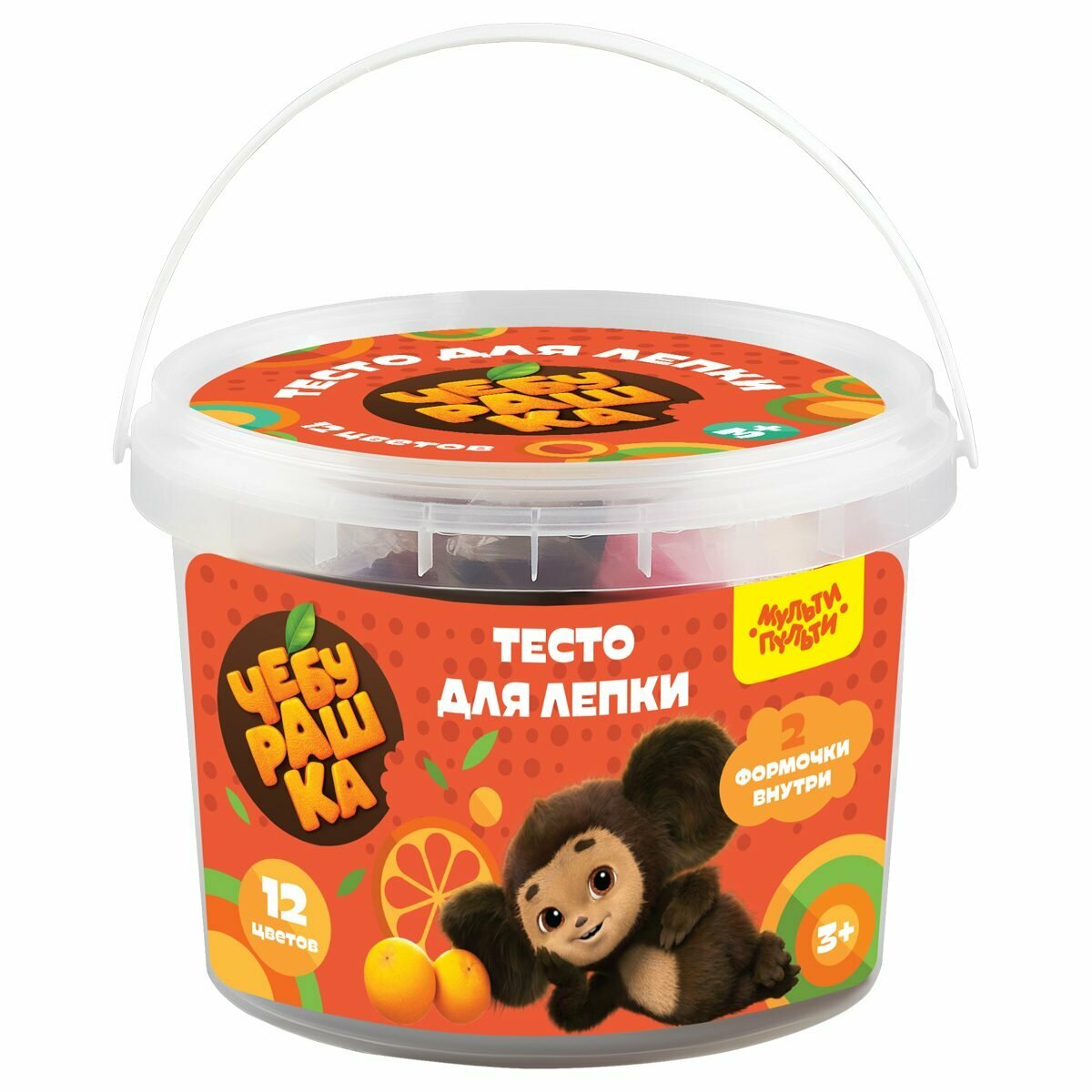 Тесто для лепки Мульти-Пульти "Чебурашка", 12 цветов по 30г, пластиковое ведро + 2 формочки (ТЛЧБ_53013), 12 уп.