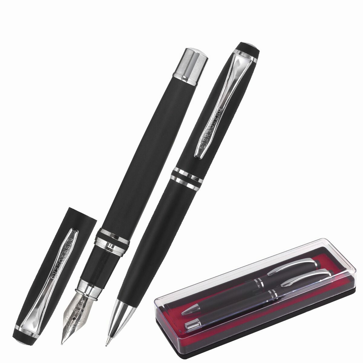 Набор ручек подарочных Brauberg Duetto (шариковая, перьевая, черный с хромированными деталями) (143478), 10 уп.