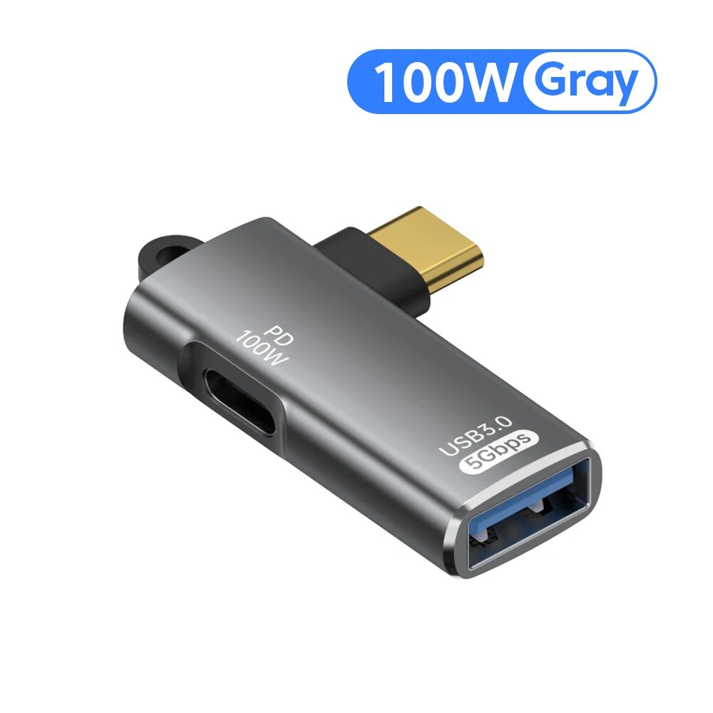 Адаптер OTG 2-в-1, переходник PD100W типа C папа-Type C/USB мама для быстрой зарядки 100W Grey