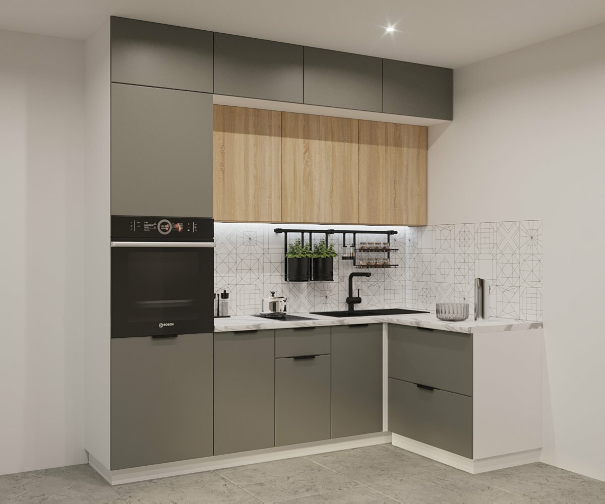 Кухонный угловой гарнитур Фаска Обсидиан/дуб Сонома, с пеналом для бытовой техники, 2400х1400