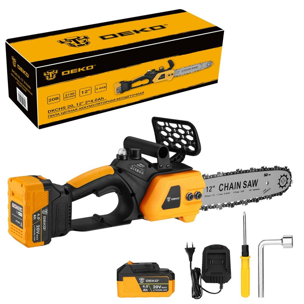 Пила цепная аккумуляторная бесщеточная DEKO DKCHS 20 30см 20В 2x4Ач з/у 085-2000