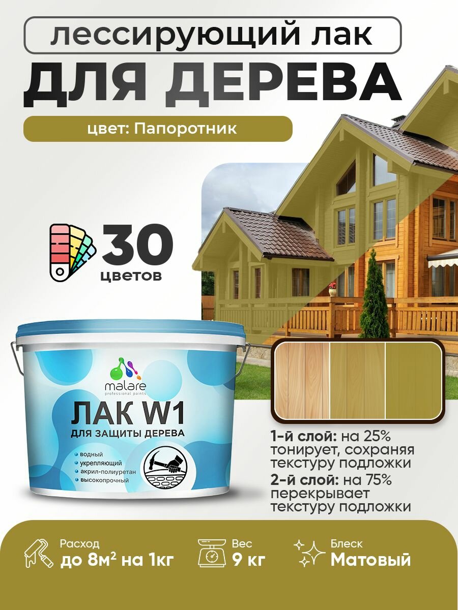 Лак колерованный тонирующий для дерева Malare W1 для деревянных и минеральных поверхностей, моющийся без запаха быстросохнущий, матовый, папоротник, 9 кг.
