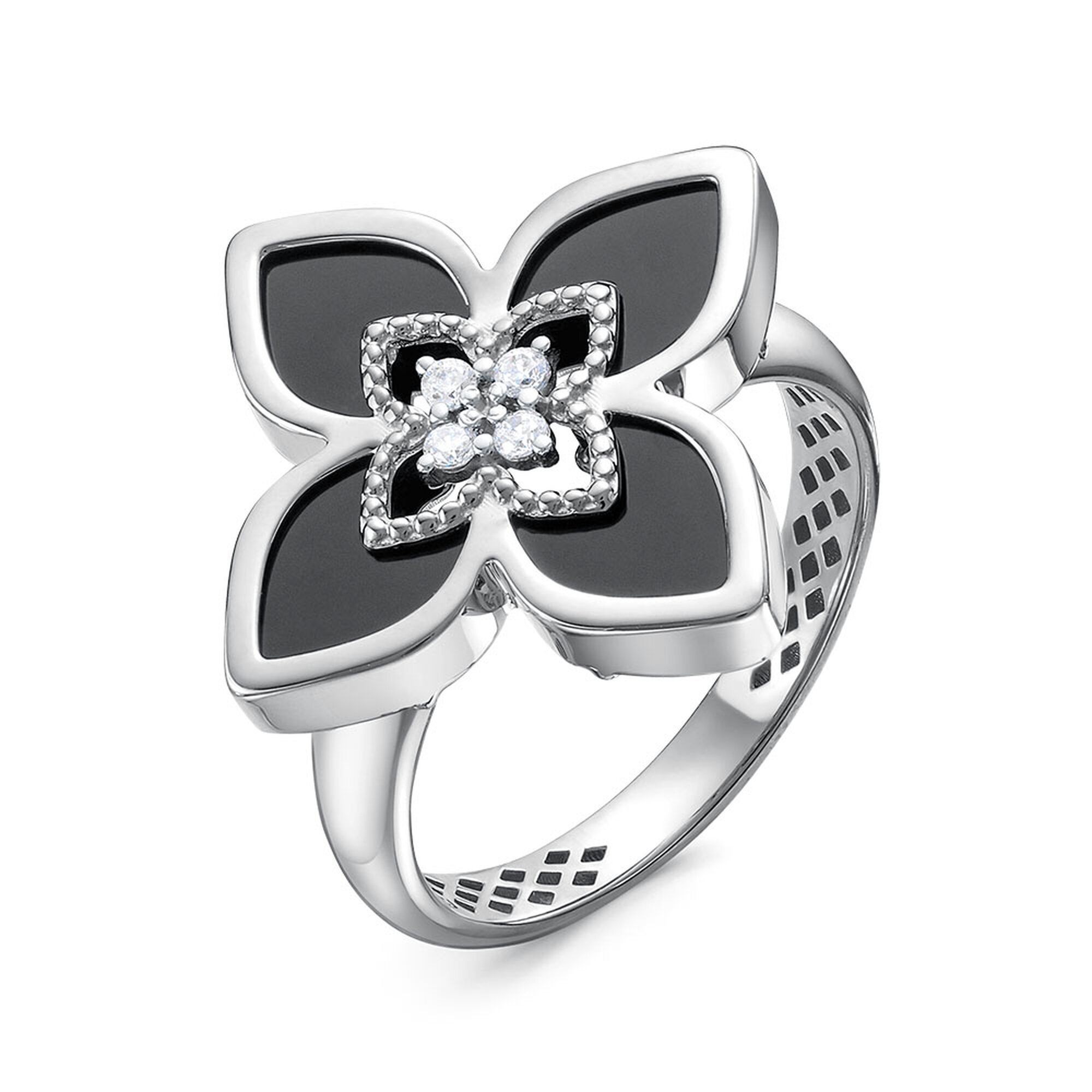 Кольцо, серебро, 925 проба, родирование, фианит, оникс