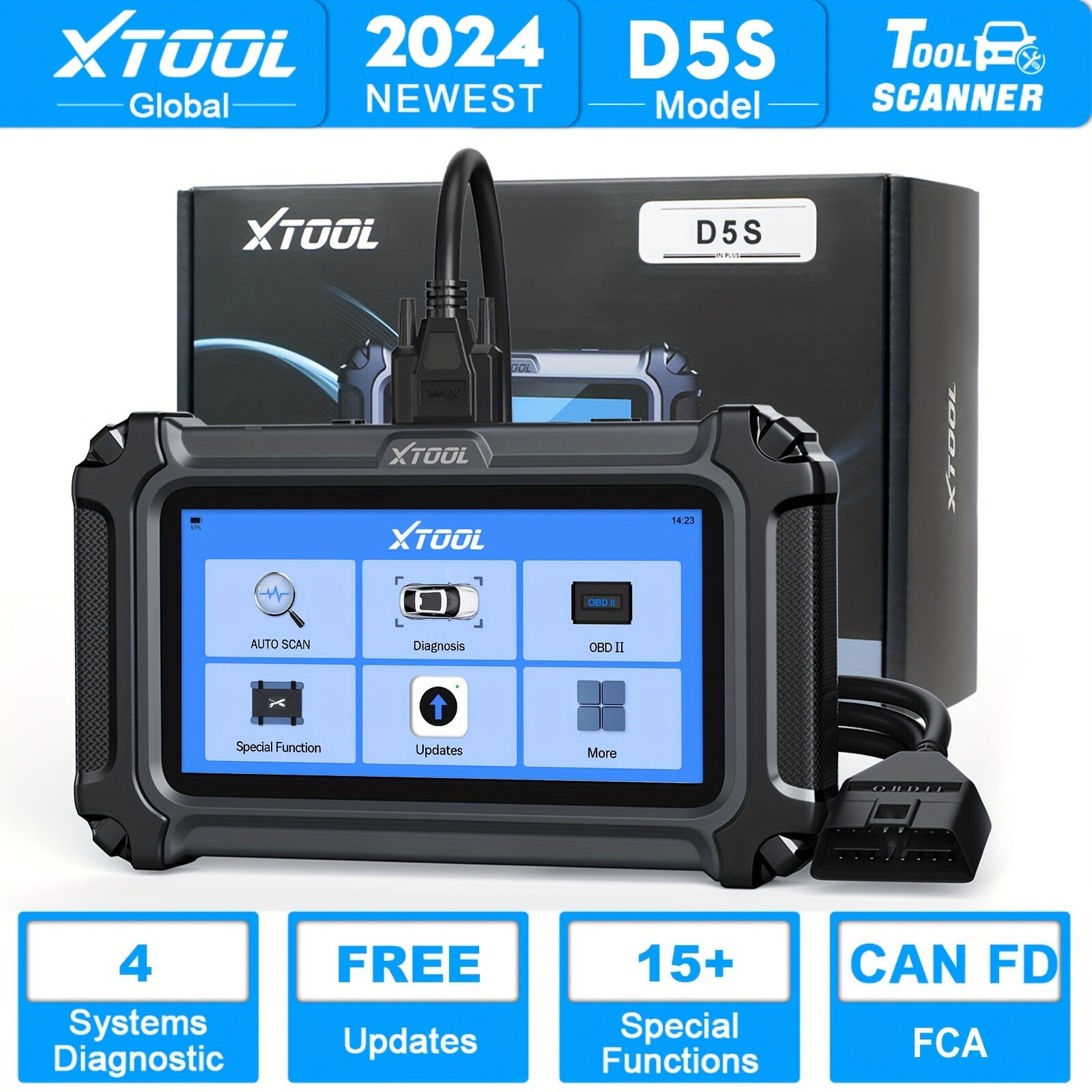 XTOOL D5S 2025 OBD2 Сканер Кодов Ошибок, Диагностический Инструмент Для Автомобилей: Двигатель, ABS, SRS, Трансмиссия, Поддержка FCA/CAN FD, 15+ Функций Сброса: EGR Адаптация, Замена Масла, SAS, EPB,