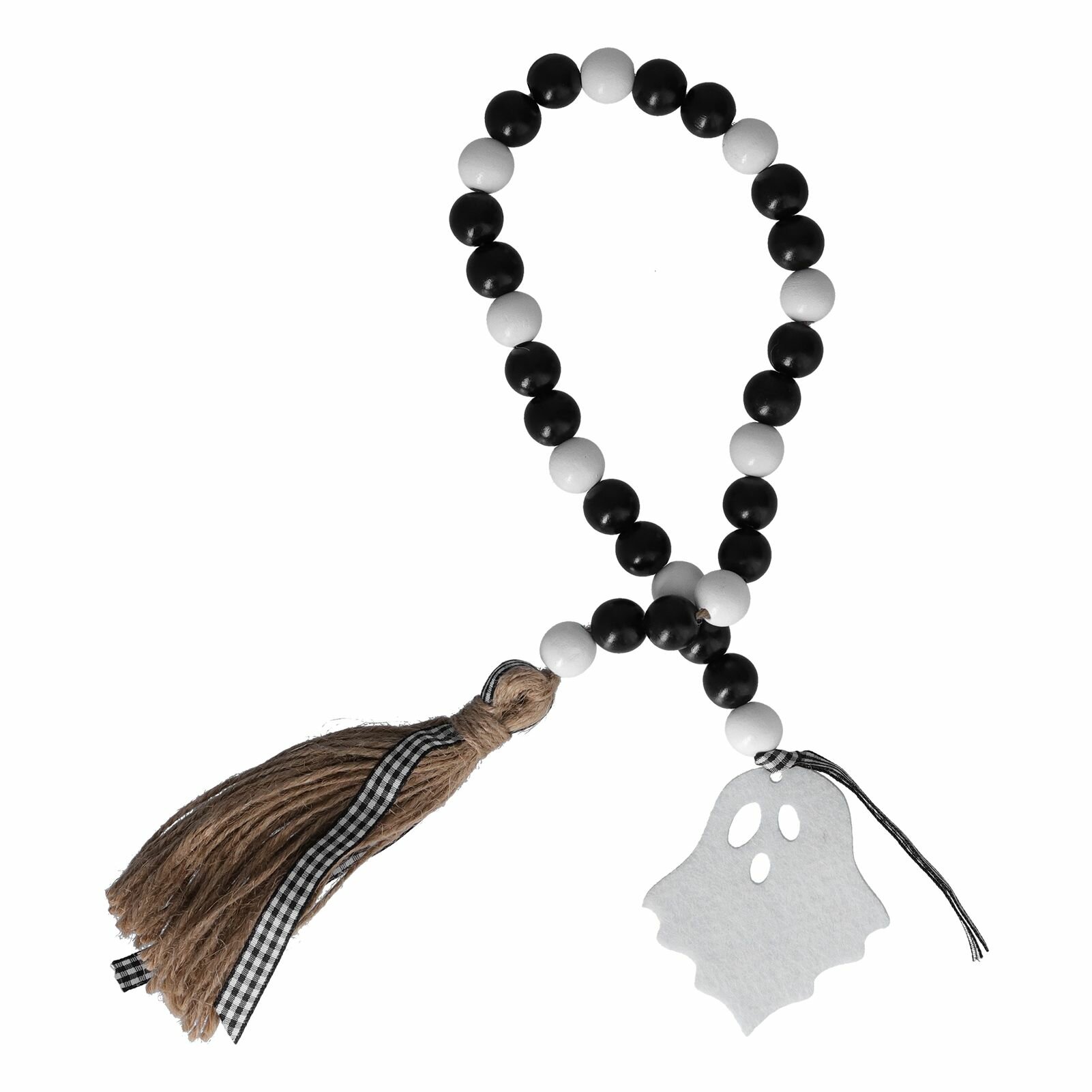 Гирлянда из деревянных бусин на Хэллоуин. Черно-белые деревянные бусины с декоративными кисточками для праздничного украшения дома.
