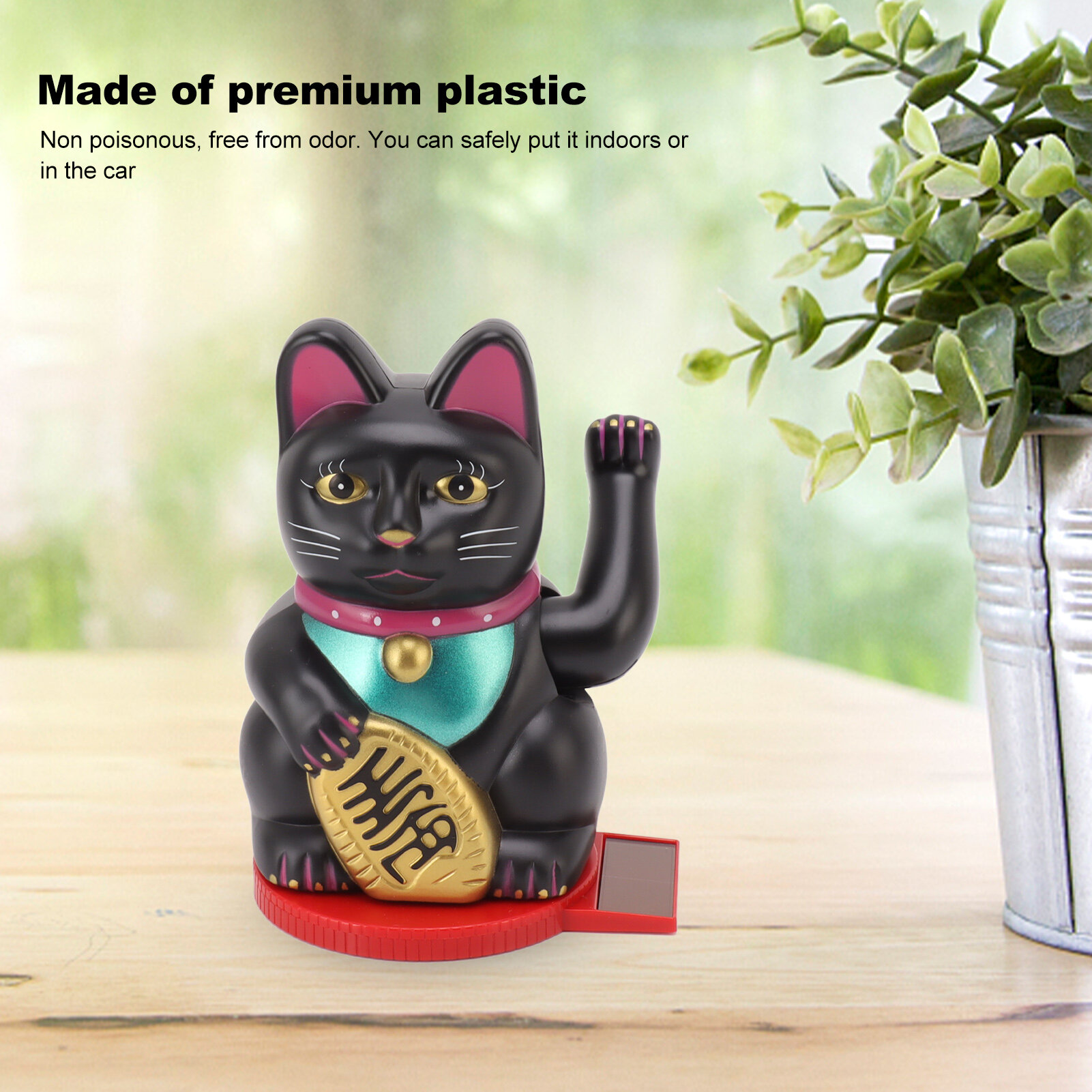 Размахивающий рукой Fortune Cat 4-дюймовый пластиковый светильник на солнечной энергии, индукционный индукционный светильник Lucky Cat с вращающейся основой для домашнего отеля, черный