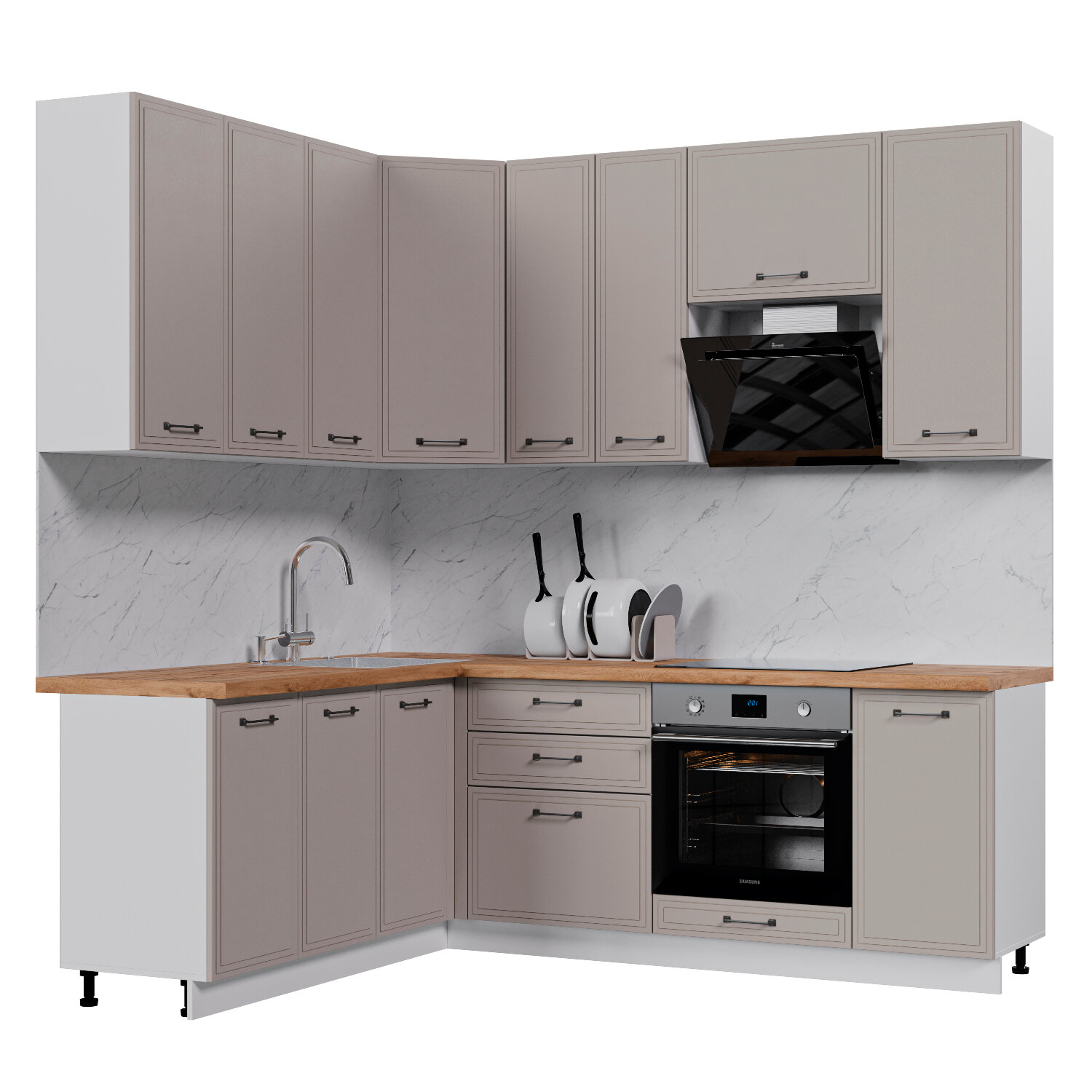 Кухонный гарнитур угловой высокий, без столешницы, Кухня Индира 180х220см h=2370мм, Белый/Дюна