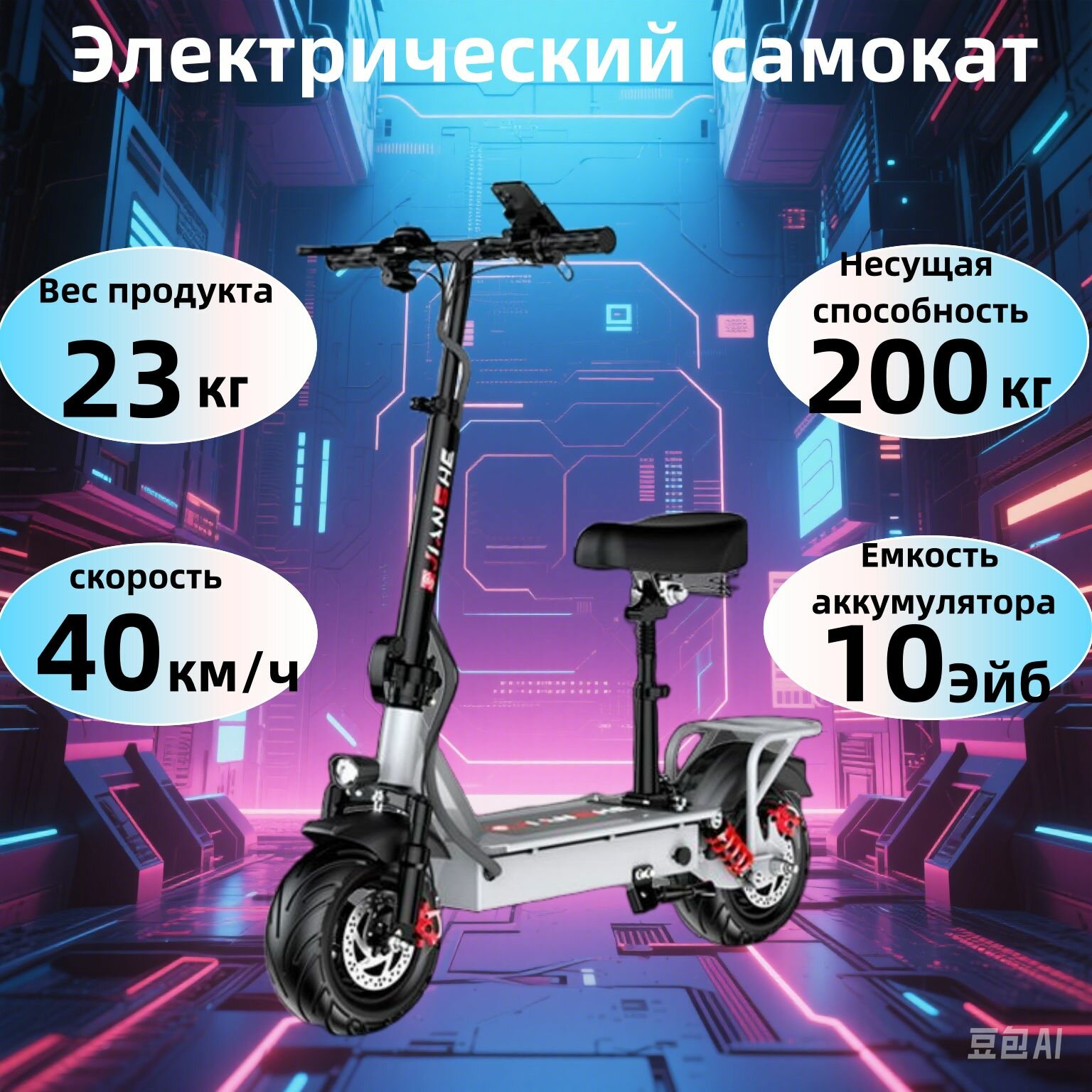 Электрический самокат, мощность 800 Вт, с сиденьем, максимальная скорость 30 километров в час, 106 см*26 см*(90-120) см