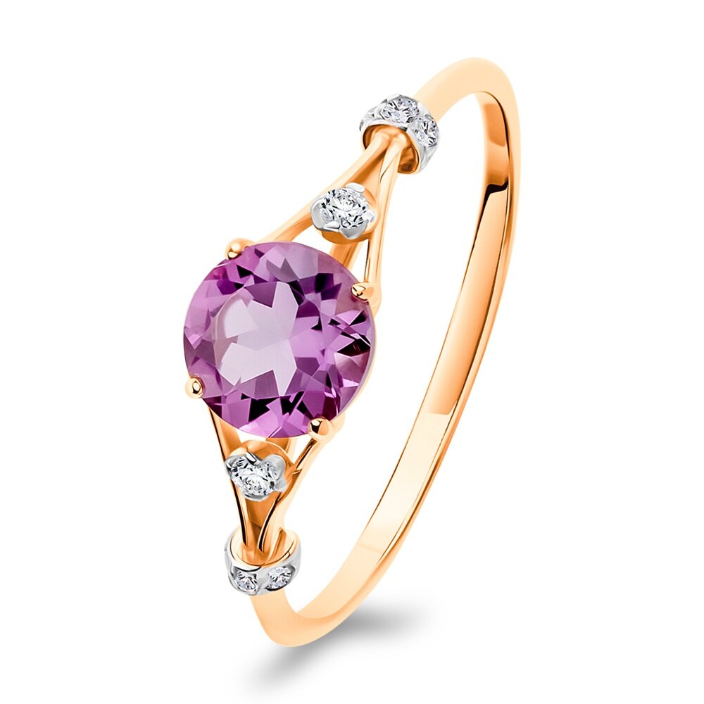 Кольцо 585GOLD, красное золото, 375 проба, золочение, фианит, аметист