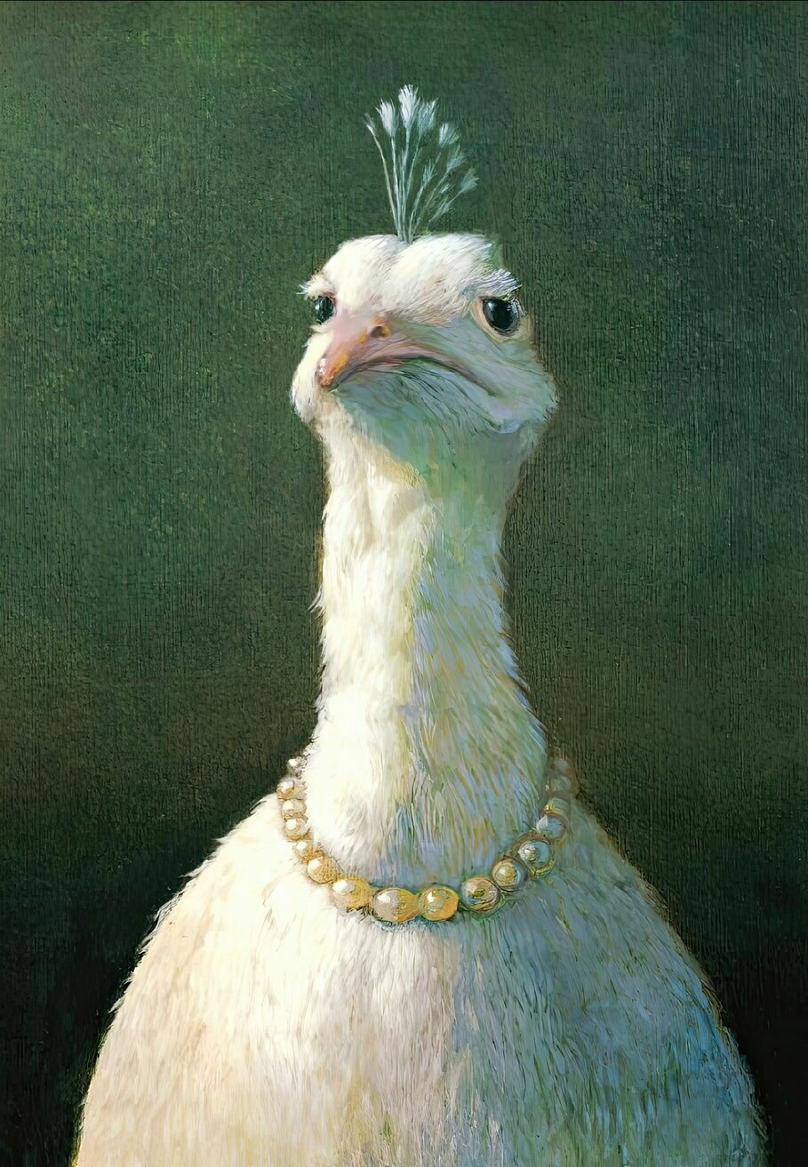 Плакат, постер Михаэль Сова Michael Sowa гусь с жемчугом (павлин в жемчугах) на бумаге, размер 21х30см