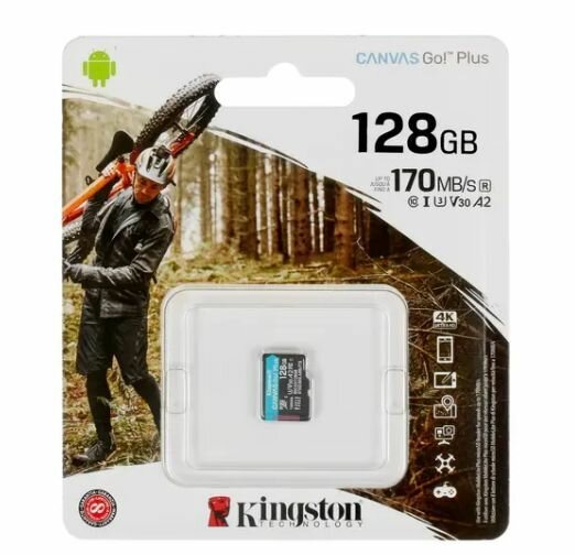 Карта памяти Kingston Canvas Go! Plus microSDXC 128 ГБ (SDCG3/128GBSP) - A2, Сlass 10, UHS Class 3, Video Class 30, запись - 90 Мбайт/сек, чтение - 170 Мбайт/сек