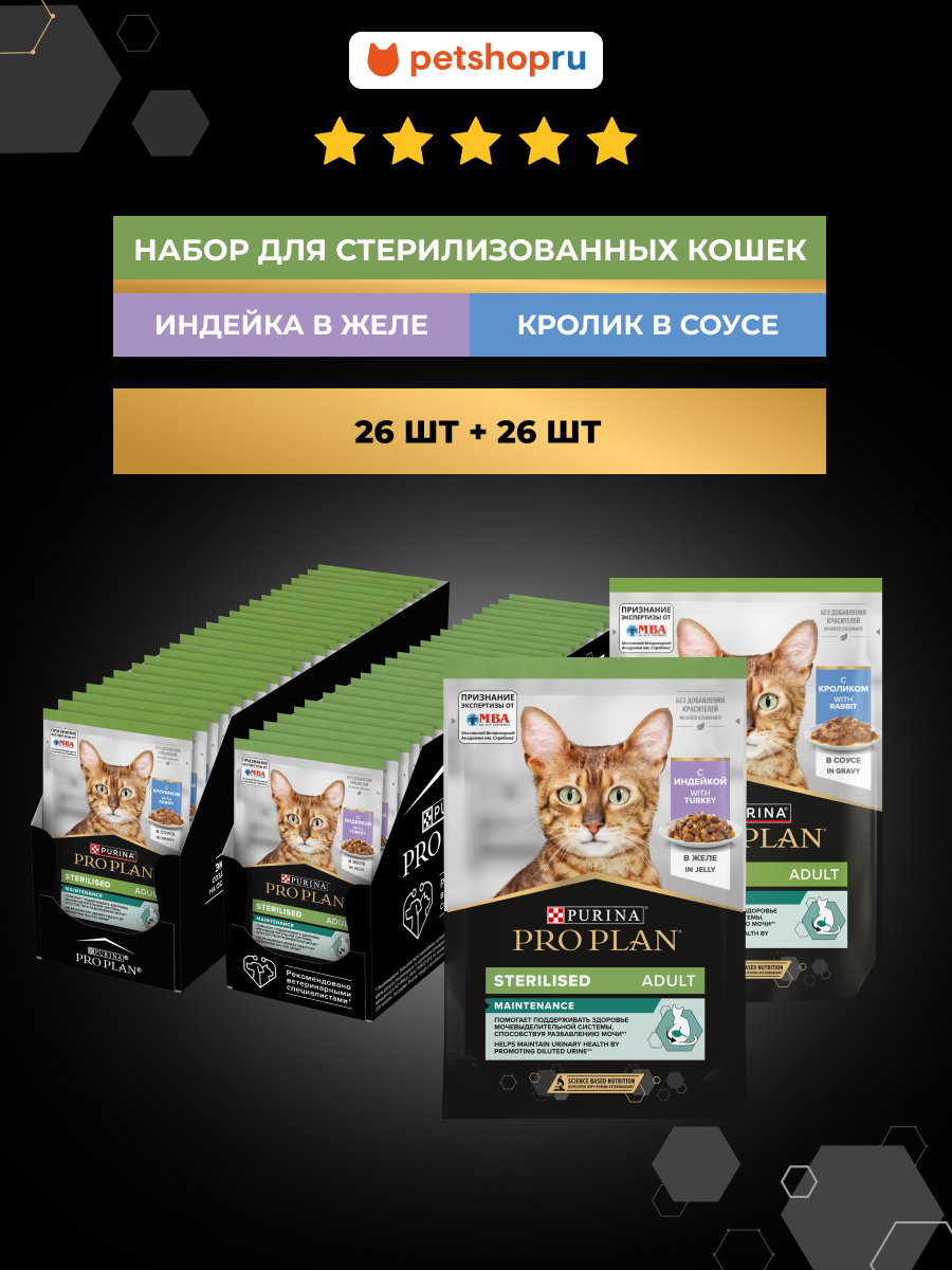 Purina Pro Plan Влажный корм для взрослых стерилизованных кошек с индейкой в желе и с кроликом в соусе, Sterilised MAINTENANCE, 85г x 52шт