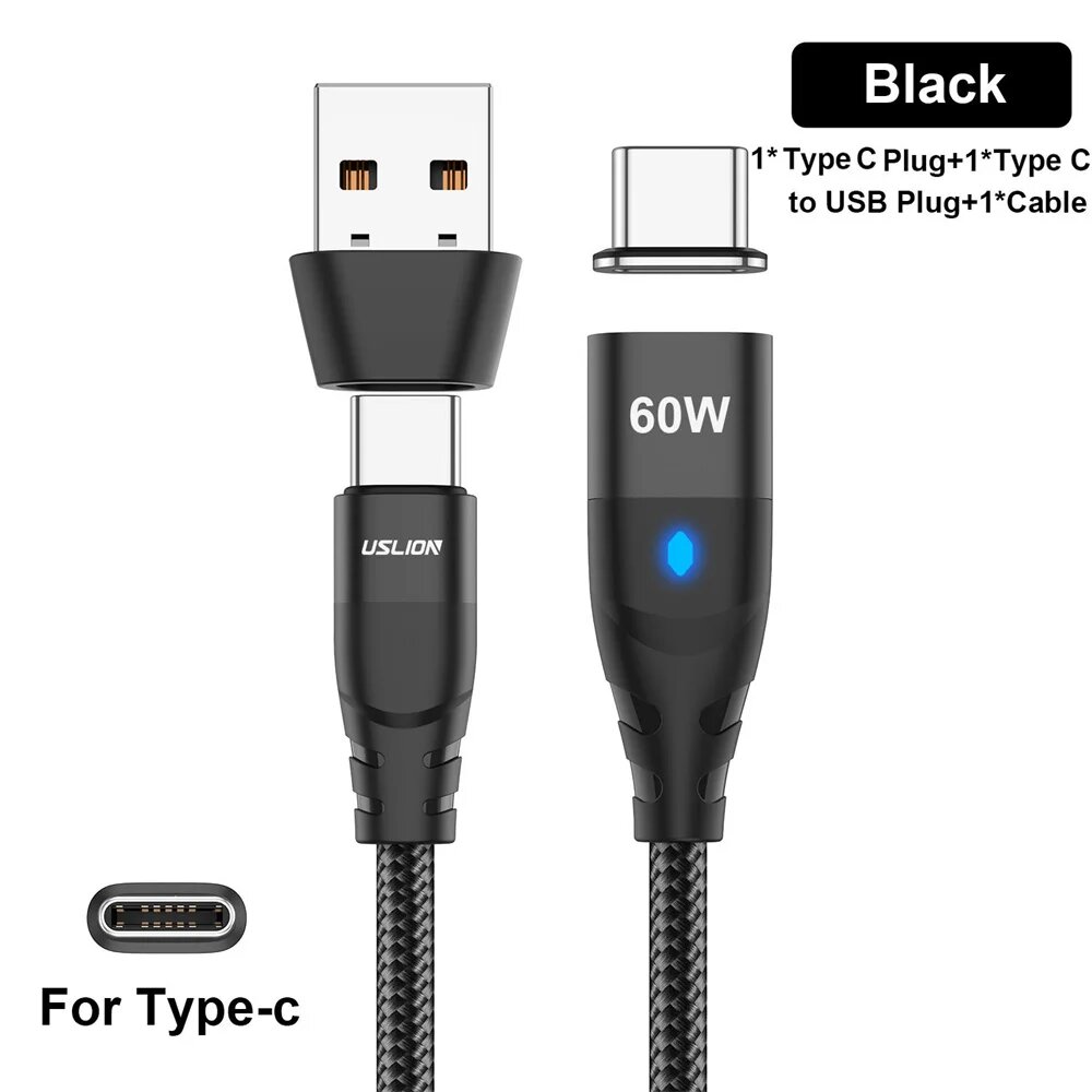 Магнитный Кабель USB-C USLION PD 60 Вт С Адаптером QC3.0 Для Быстрой Черный, For Type-C Black