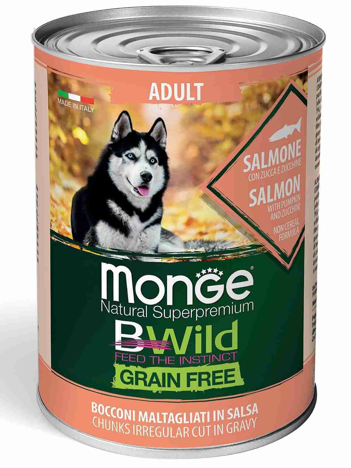 Monge Dog BWild GRAIN FREE беззерновые консервы из лосося с тыквой и кабачками для взрослых собак всех пород 400г