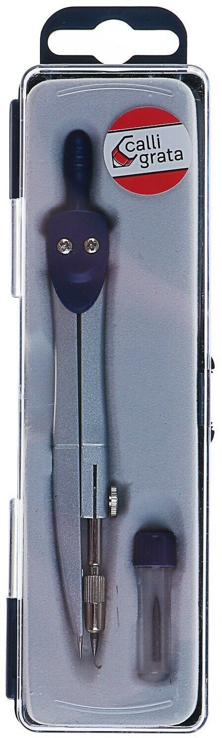 Циркуль металлический с запасными грифелями, в пластиковом пенале, 651659