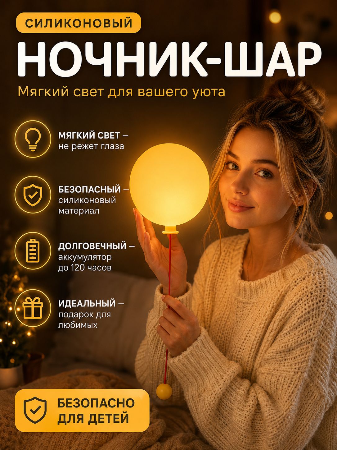 Ночник силиконовый "Воздушный шар", детский беспроводной светильник на аккумуляторе