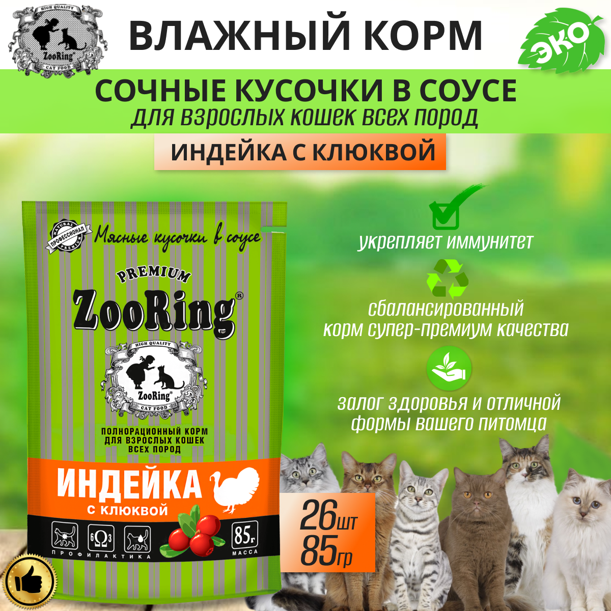 Влажный корм для кошек Zooring сочные кусочки в соусе, Индейка с клюквой, паучи, 26 шт х 85 гр