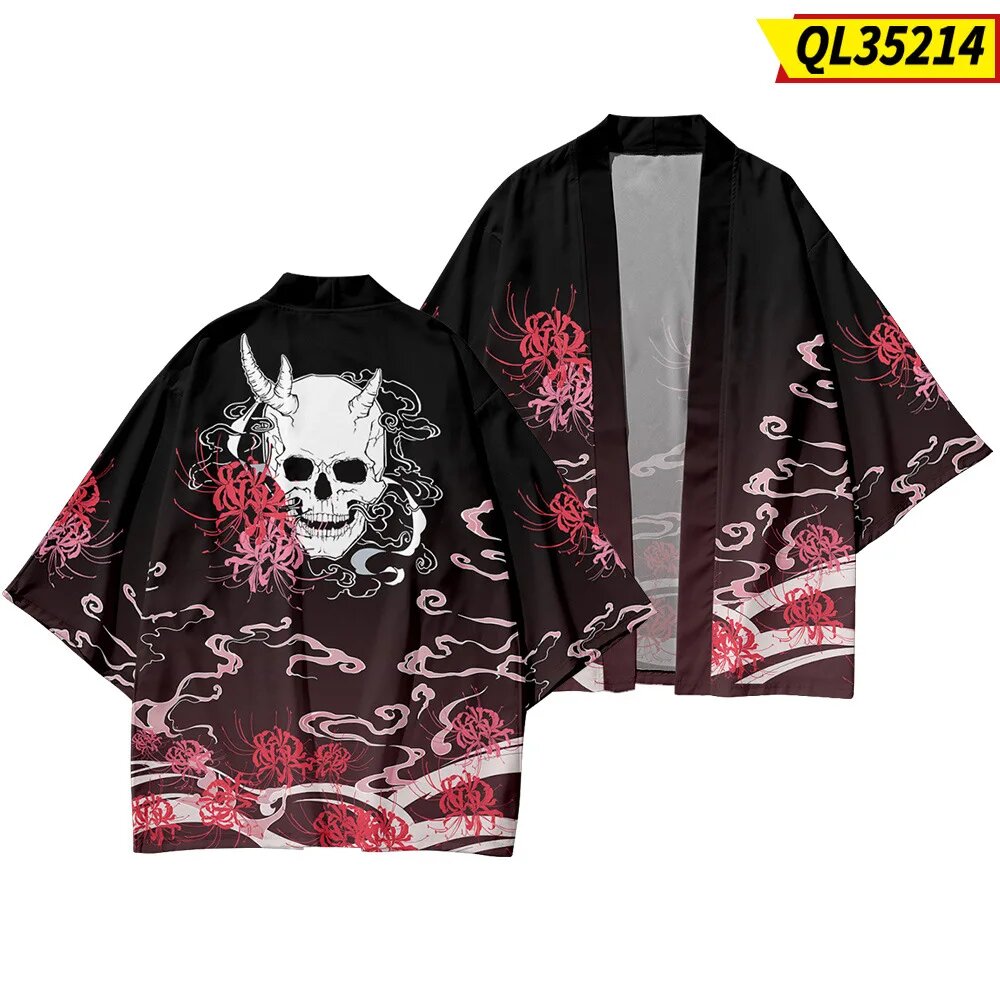 Хаори черный с принтом черепа, QL35214-tops, 6XL