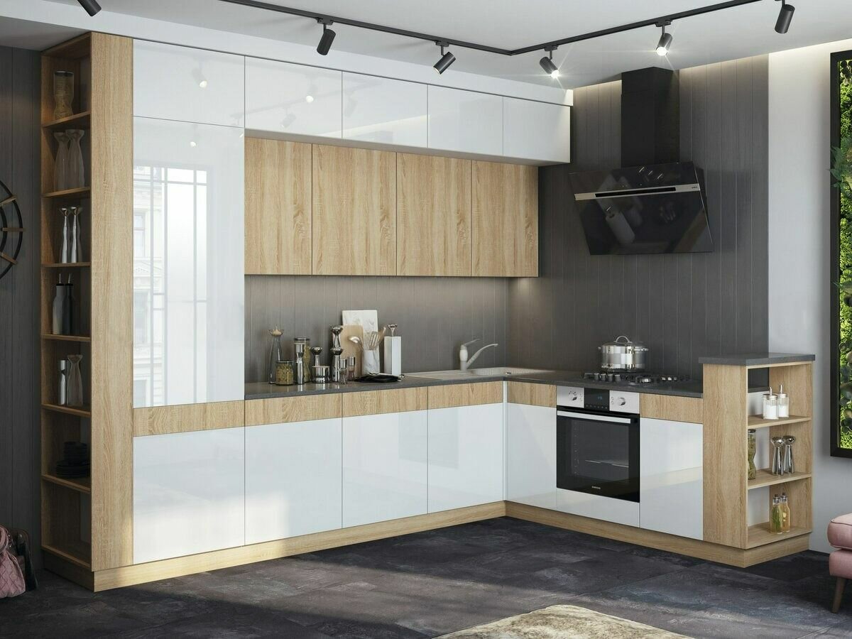 Кухонный гарнитур Техно-5 3,2*2,24м (Сонома/Белый глянец холодный, Белый (Антарес))