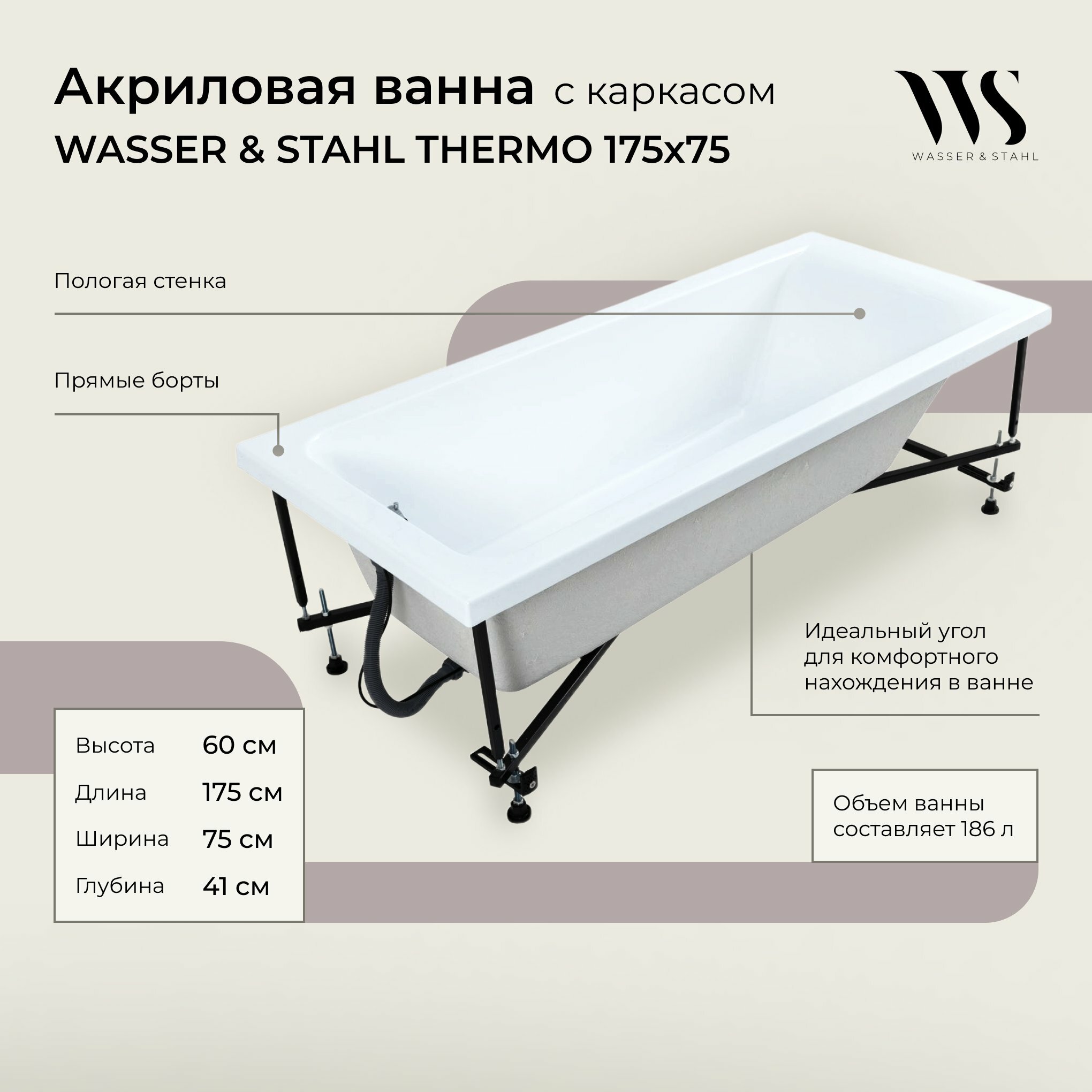 Акриловая ванна WASSER & STAHL THERMO 175x75 с каркасом