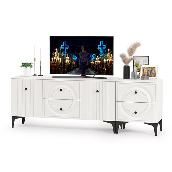 Валенсия Гостиная 16.45 Тумба под ТВ + 13.291 Тумба, цвет ЛДСП белый шагрень/МДФ белый шагрень