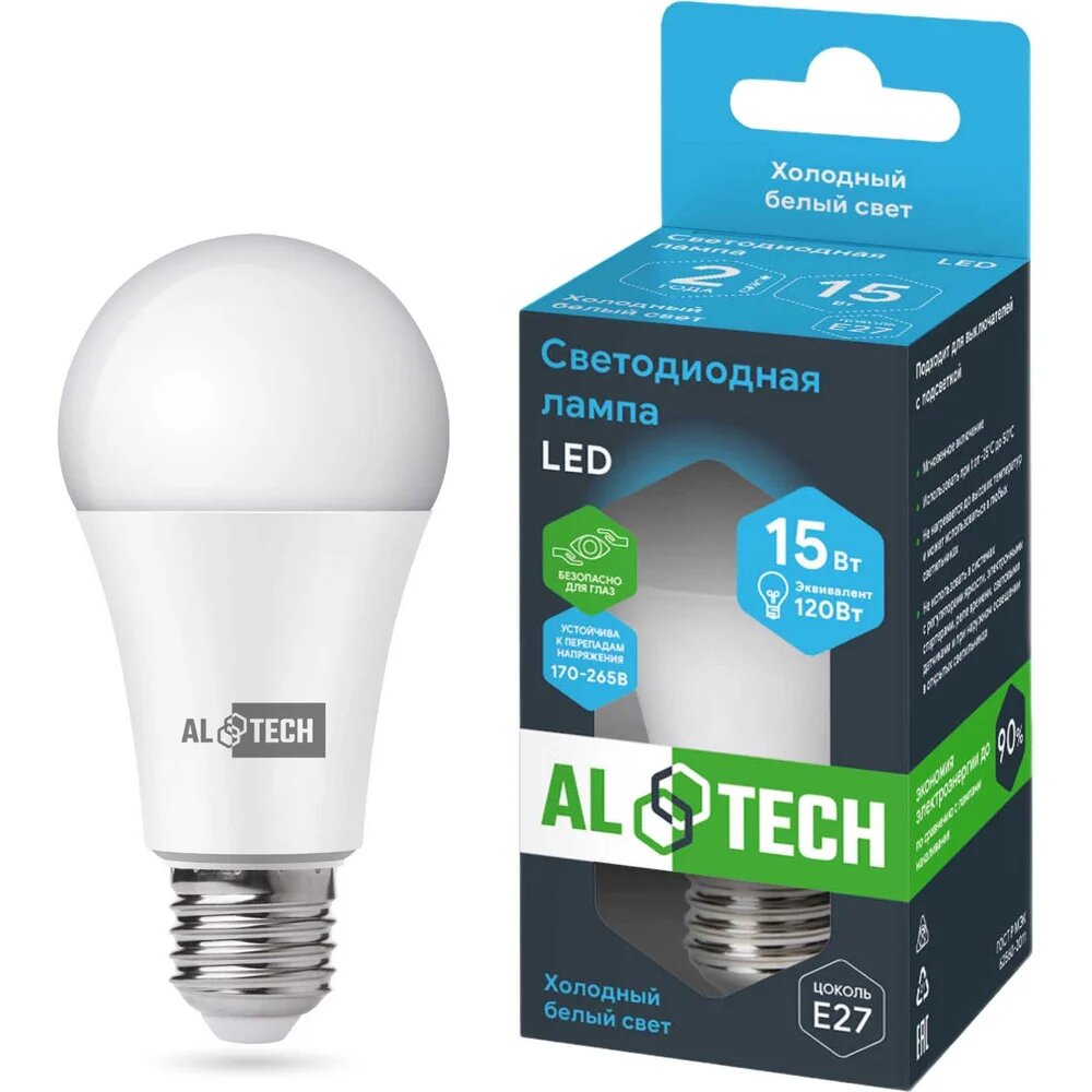 Лампочка светодиодная ALTECH LED Р60-15W-865-E27 15Вт груша холодный белый свет 4673758070289