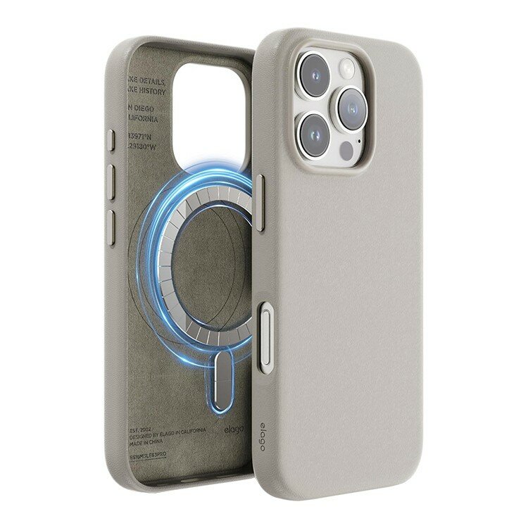 Elago кожаный чехол для iPhone 16 Pro Max, PU Leather Light Grey (MagSafe)