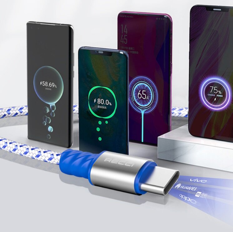Кабель для зарядки и передачи данных Recci iNstant Series, USB to Type-C, 5A, 1 метр, Серебро+Синий