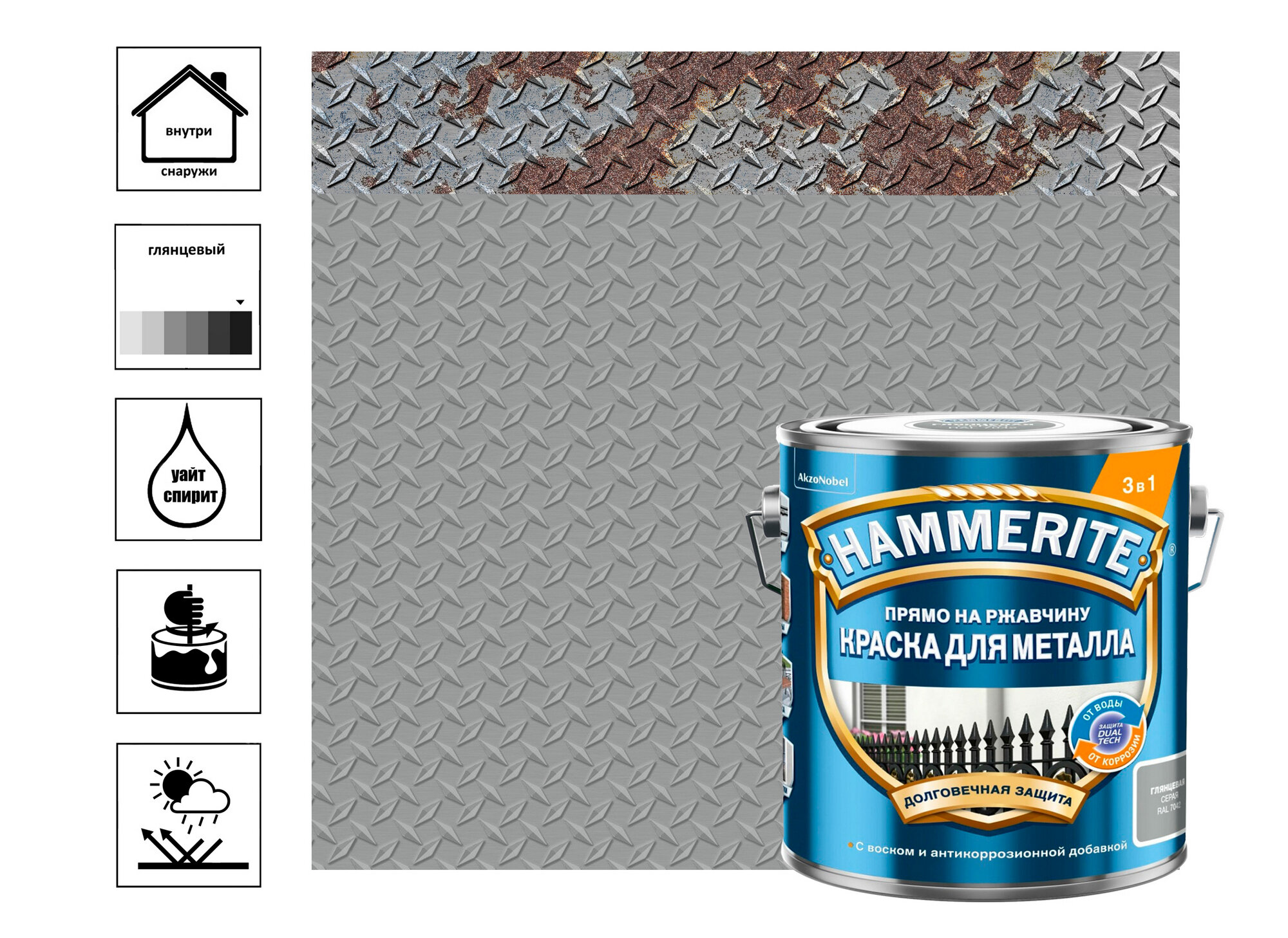 Краска Hammerite, алкидная, глянцевая, термостойкая, серая, для металла, 2л