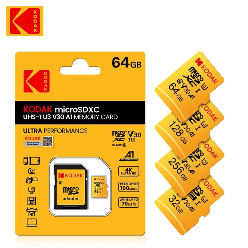 Оригинальные карты памяти KODAK 32/64/128/256 ГБ U3 4K
