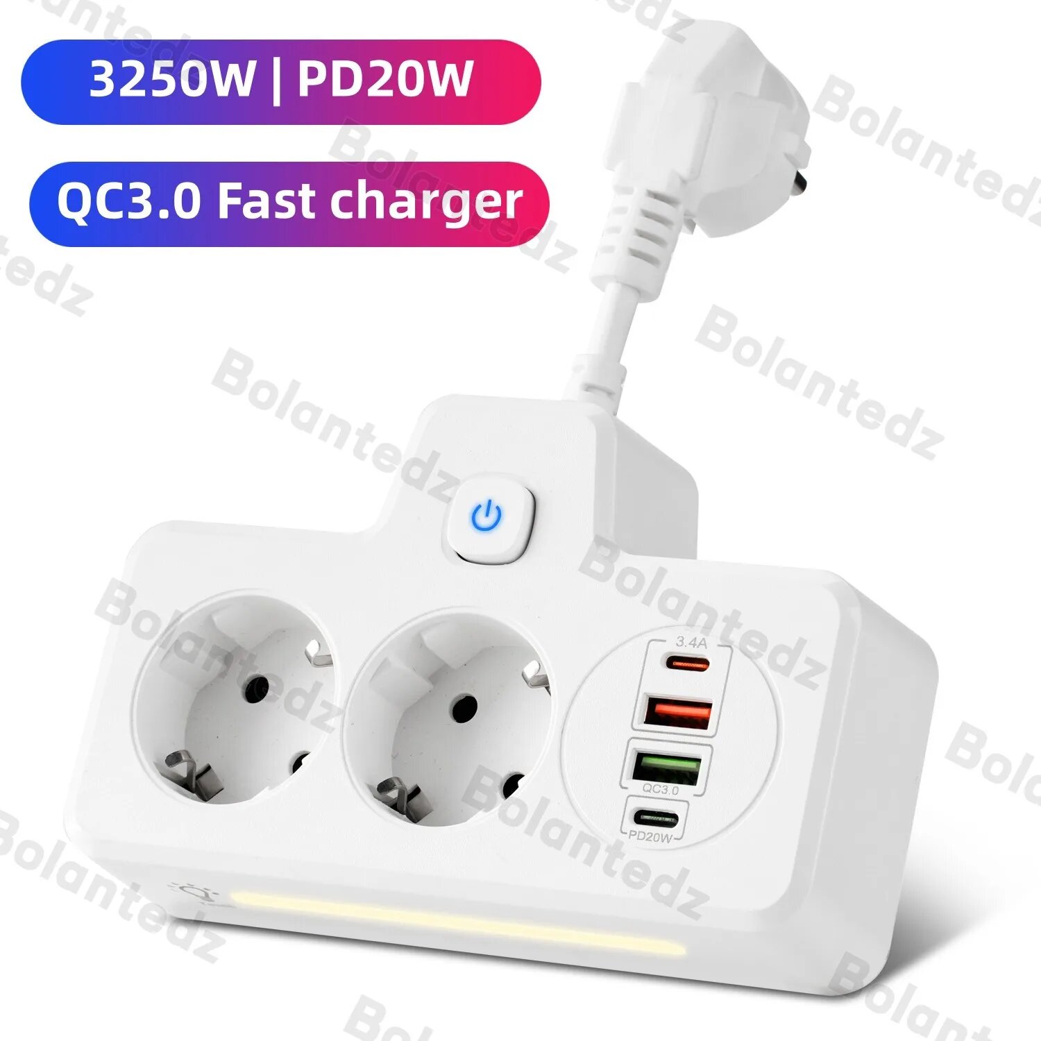 Сетевой фильтр 3250W с USB PD20W White