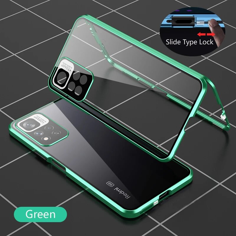 360-градусный металлический магнитный двусторонний стеклянный чехол с полной защитой и замком для XIAOMI MI Poco X4 X3 GT F3 F5 X6 M4 Pro 5G Чехлы-чехлы Зеленый, зеленый, For Poco M4 Pro 5G