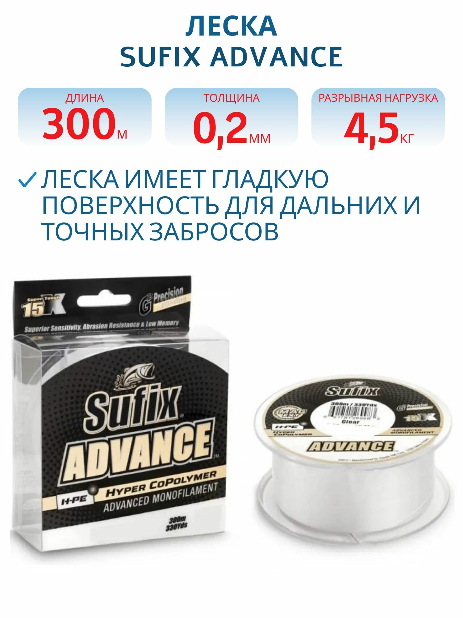 Леска Sufix Advance диаметр 0.20 мм разрывная нагрузка 4.5 кг 300 м