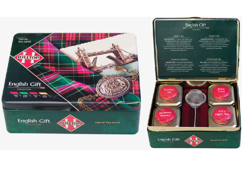 Чай HILLTOP "Английская шкатулка" Цейлонский чай - 50г/ Королевское золото - 50г/ Японская липа - 50г/ 1001 ночь - 50г /жесть/ 200г