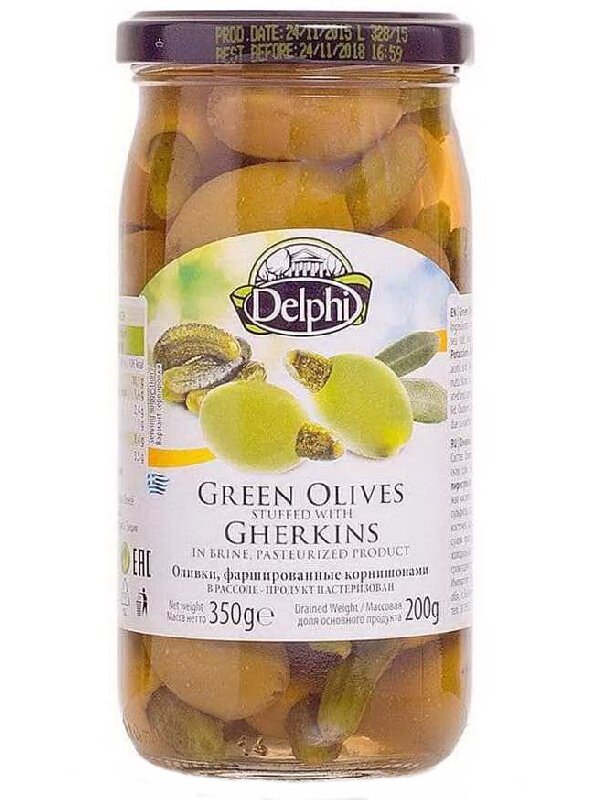 Оливки DELPHI фаршированые корнишонами в рассоле /стекло/ 350г