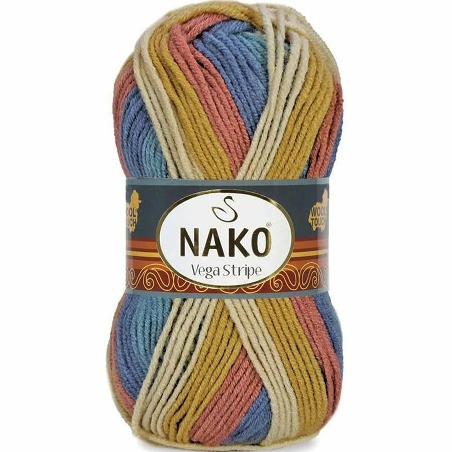 Пряжа Nako VEGA STRIPE 83602 коралл/горчица/джинс (5 мотков)