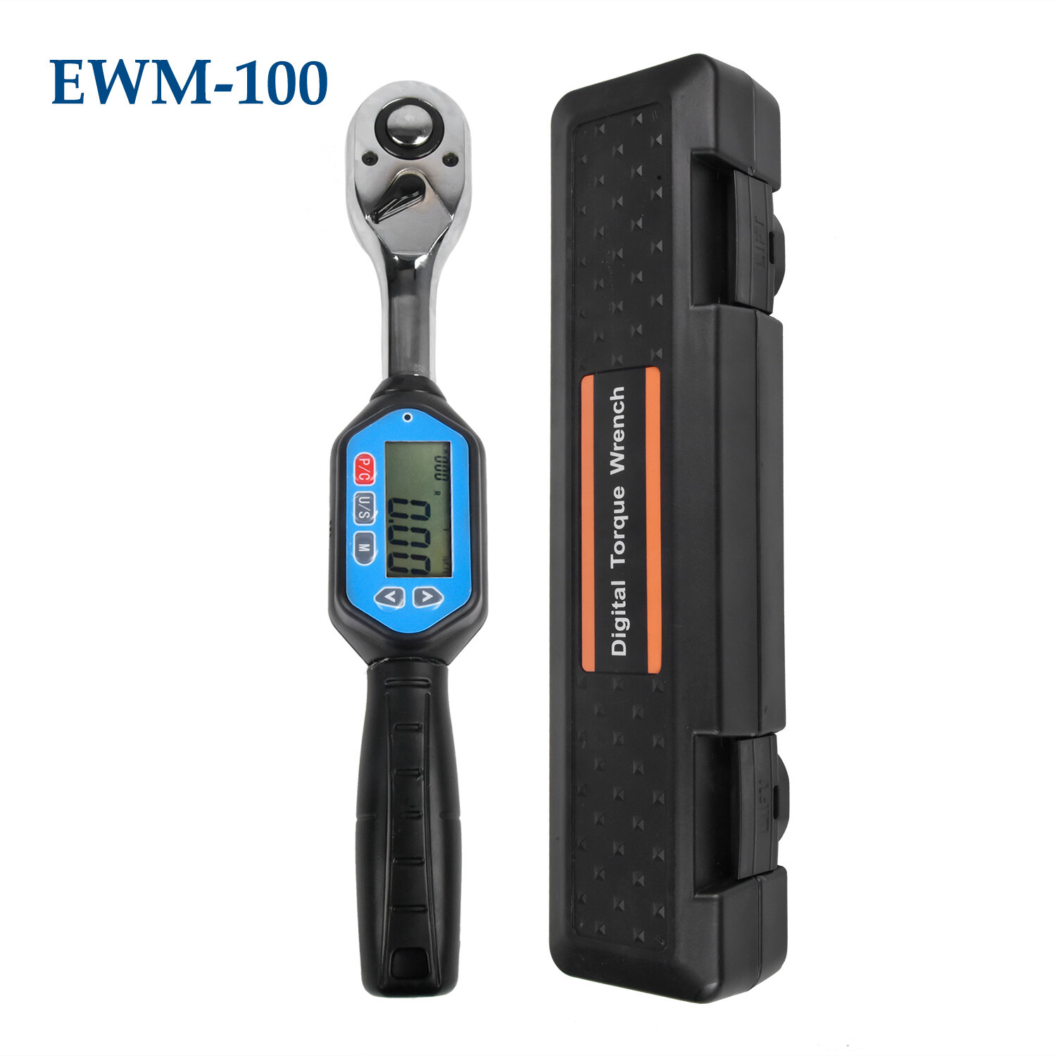 Цифровой динамометрический ключ EWM-100 с квадратным приводом 1/2 дюйма, максимальный крутящий момент 73,7 фут-фунтов, точность ±2%, звуковой сигнал, светодиодная индикация и отслеживание пикового значения.