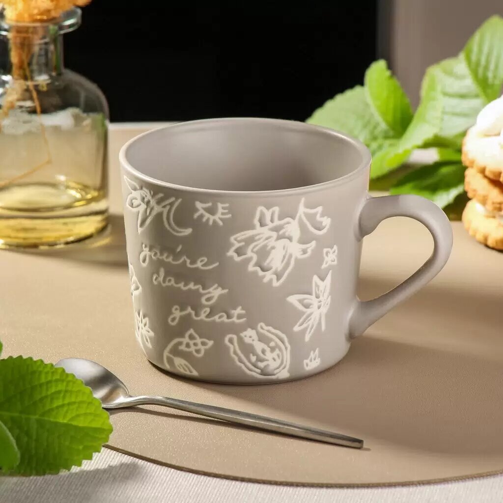 Кружка керамическая Daniks Flowers 400 мл серый рисунок BR404, подходит для горячих и холодных напитков, можно мыть в посудомоечной машине, подарок маме, дочери, сестре