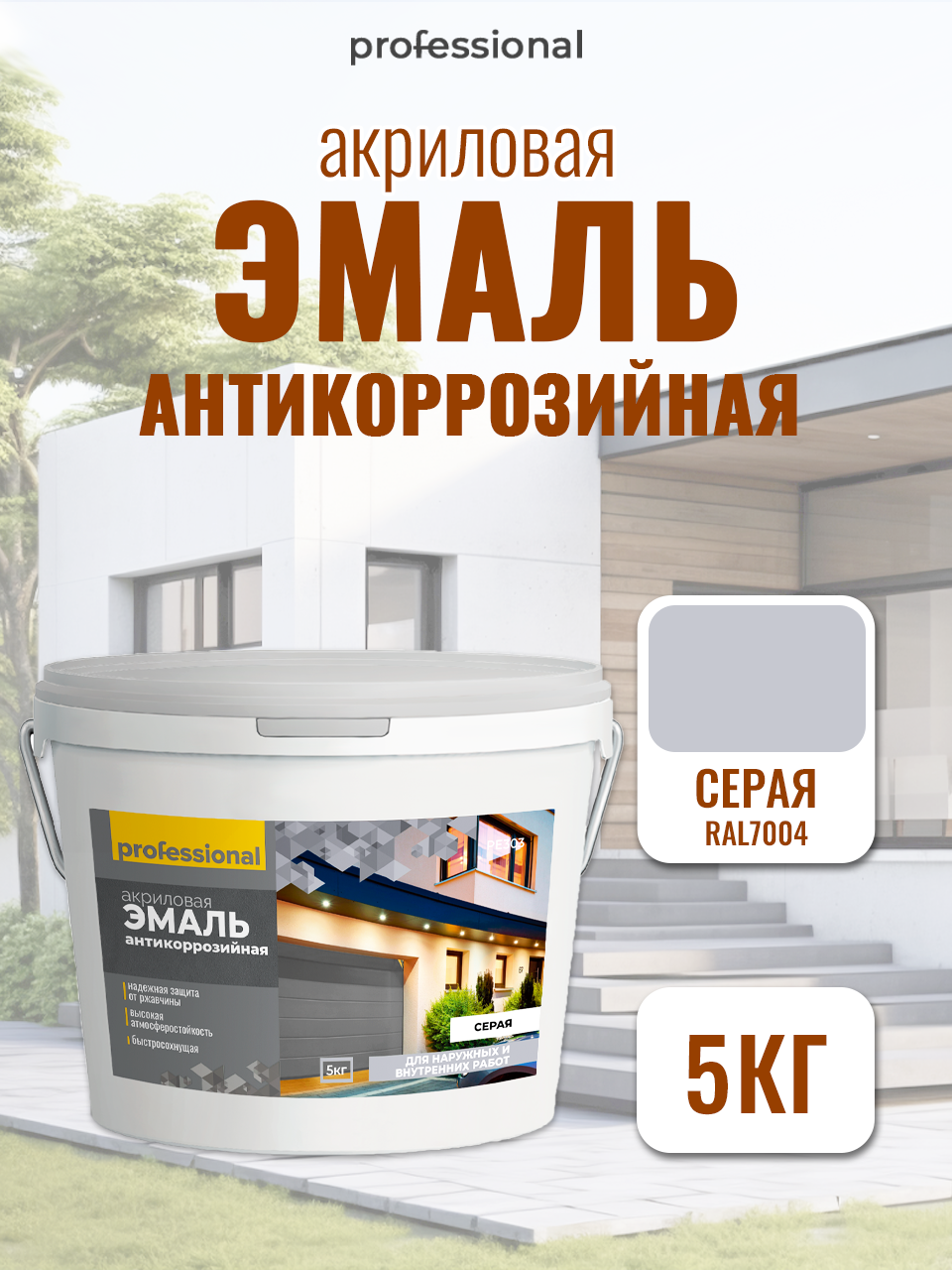 Эмаль акриловая антикоррозийная RAL7004 Серая (5кг) ТМ "Professional"