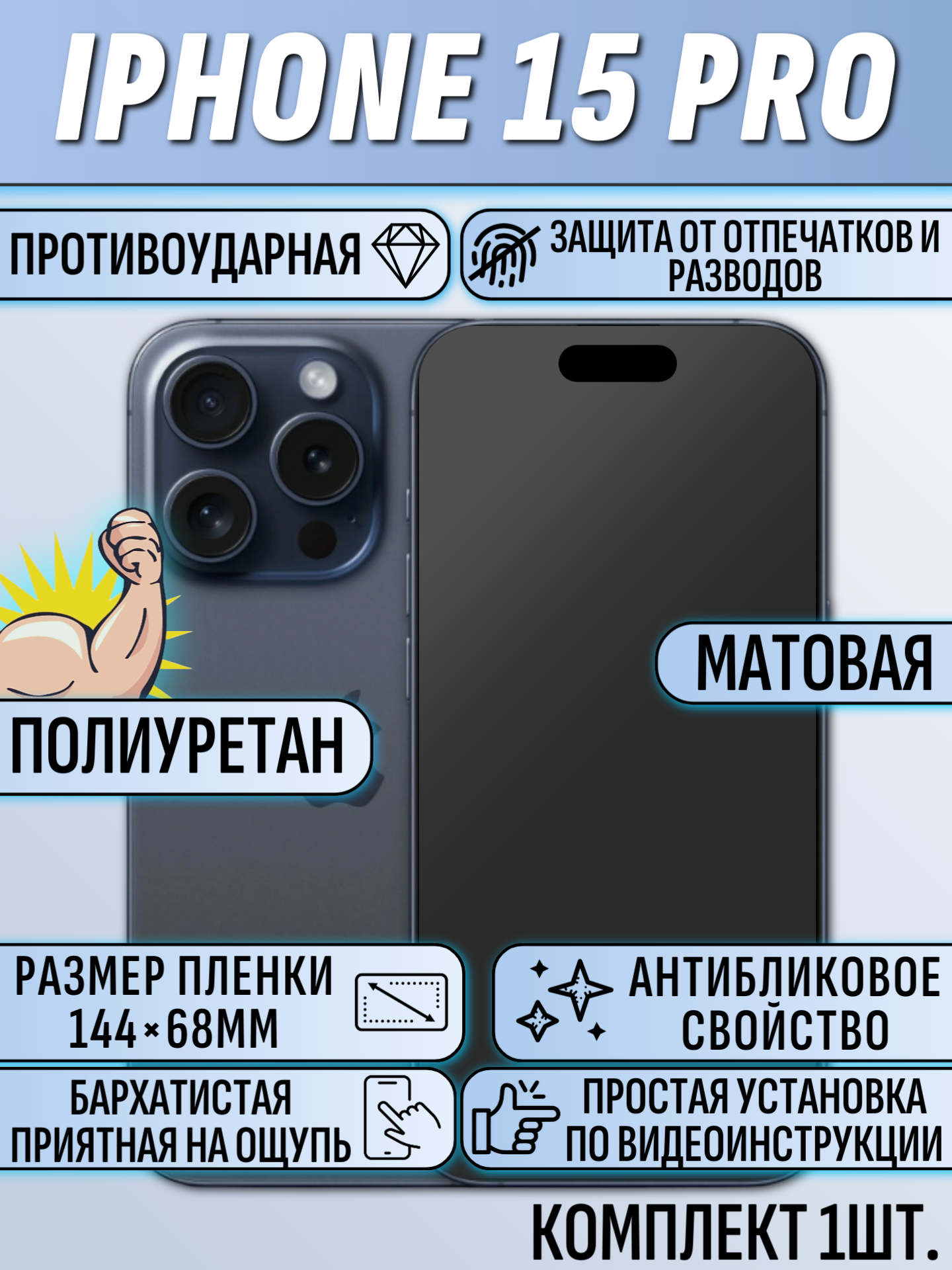 Гидрогелевая защитная пленка для iPhone 15 Pro матовая на весь экран 1 шт